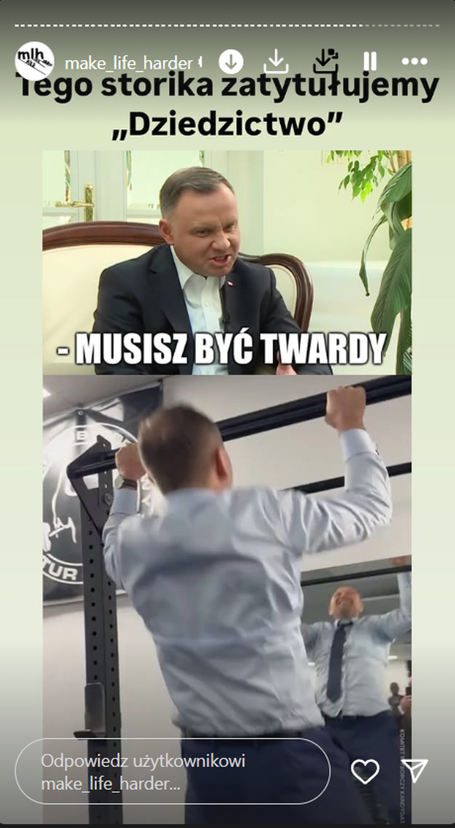 Urlopowicz Karol Nawrocki w koszuli i garniturowych spodniach podciąga ...