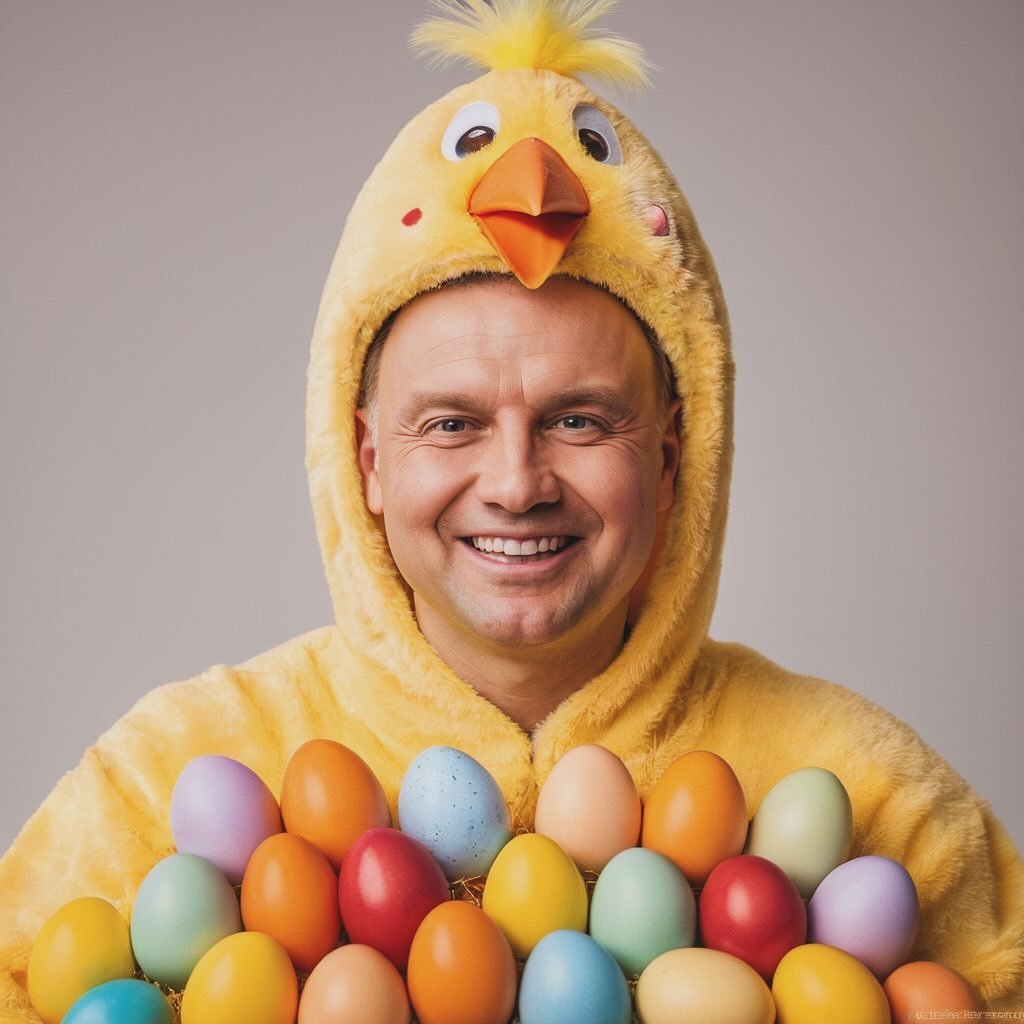 Nasi włodarze w wielkanocnej wersji. Jarek Kaczyński w skorupie, Endrju Duda z koszyczkiem, a ...