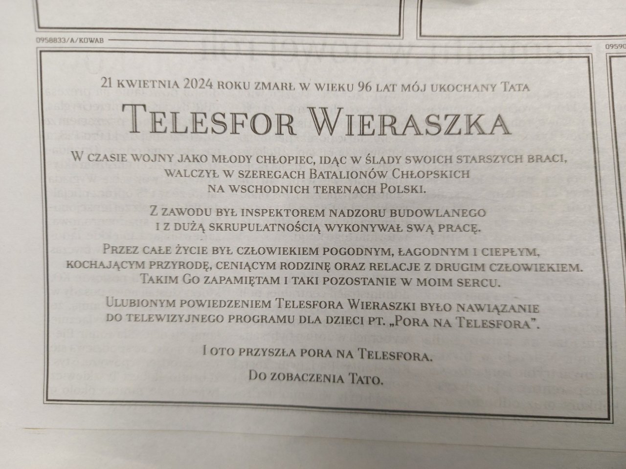 Wyjątkowe pożegnanie 96-letniego taty. Ten nekrolog wzrusza do łez